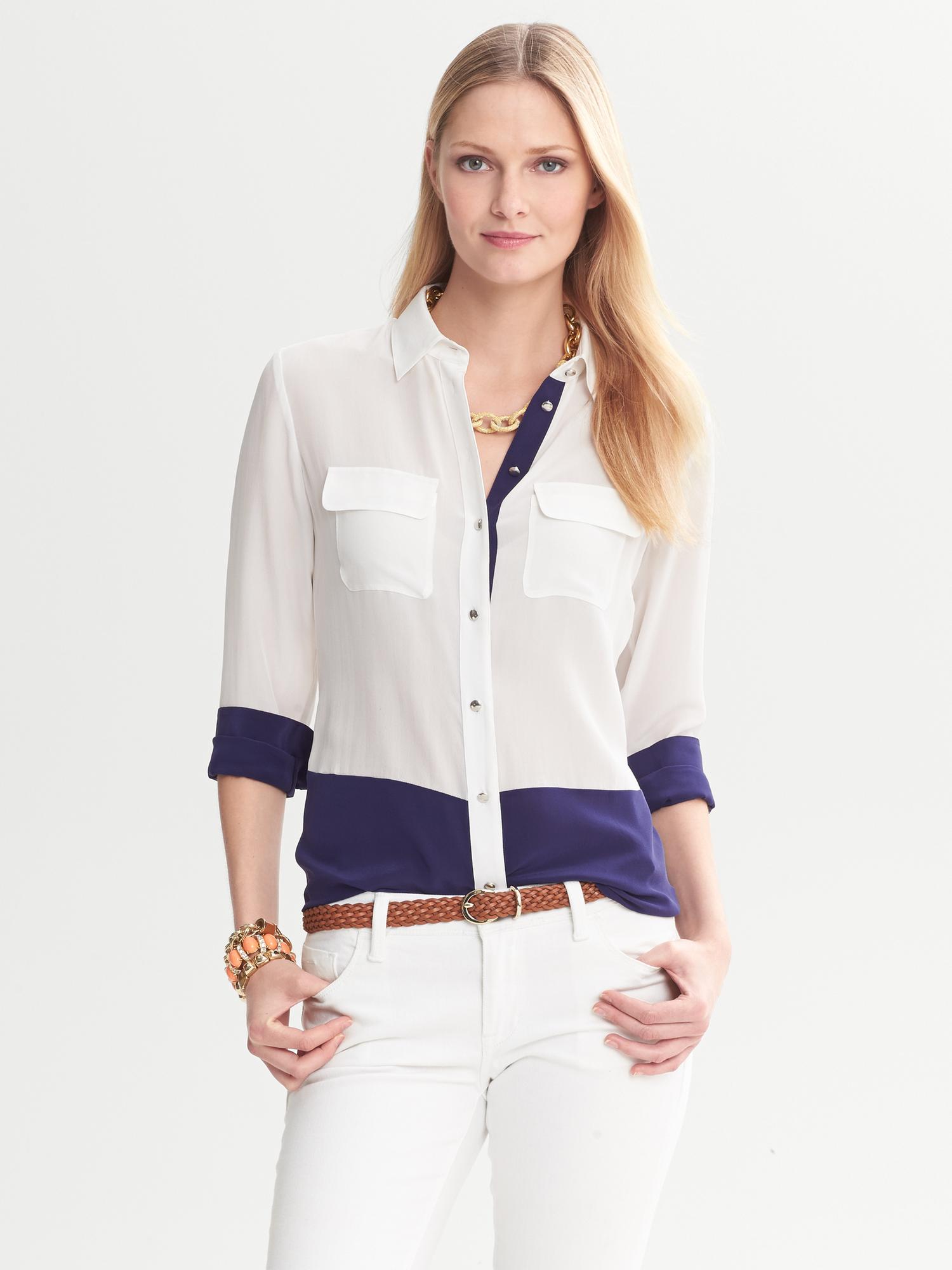 White Colorblock Silk Blouse | Banana Republic